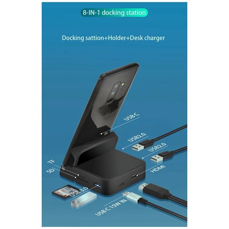 Док-станция type-c для HDMI, подставка для телефона и ноутбука / USB-хаб, SD/TF, USB 3.0, 4K 30 Гц.