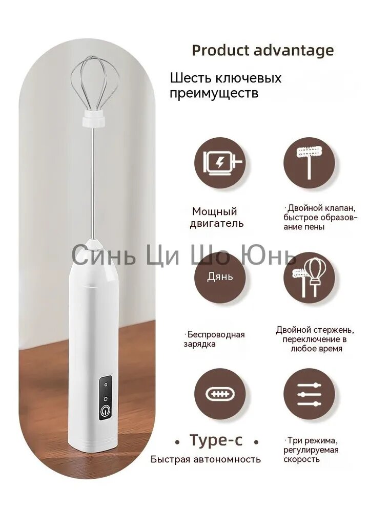 Капучинатор, Вспениватель для молока,3 Режима, Type-C, Беспроводный, Мощный 15000об/мин, Бесшумная работа
