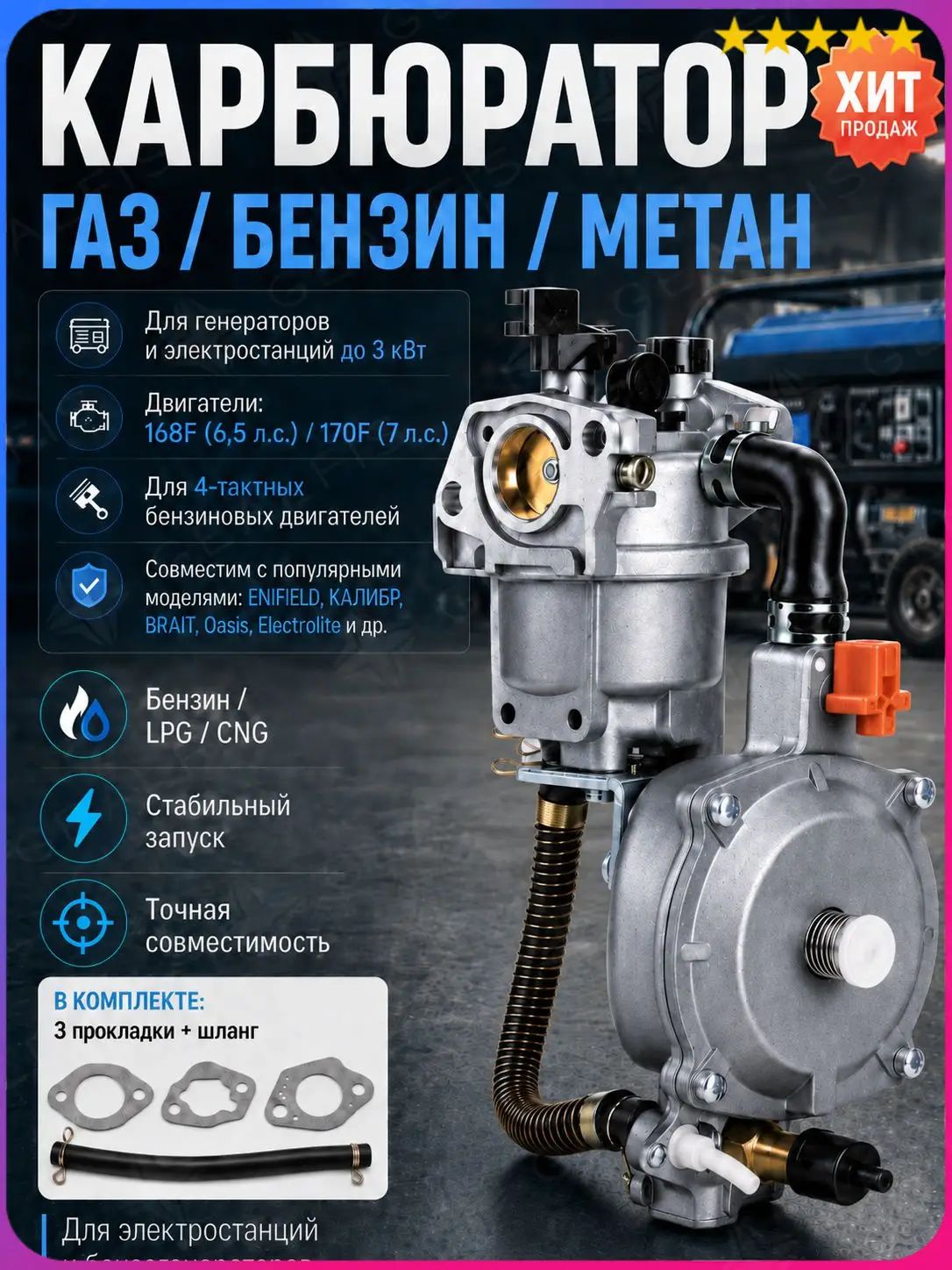 Карбюратор BRAIT BR168F2, тройного топлива газ, бензин, метан, для электростанции 3 кВт 168F/170F, качественный и долговечный