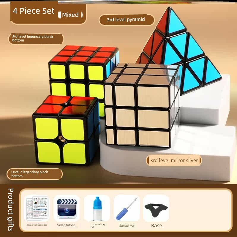 2x2 + 3x3 + Пирамида + 3x3 Зеркальный Куб Серебристый с Черной Основой, Набор Головоломок Нестандартной Формы