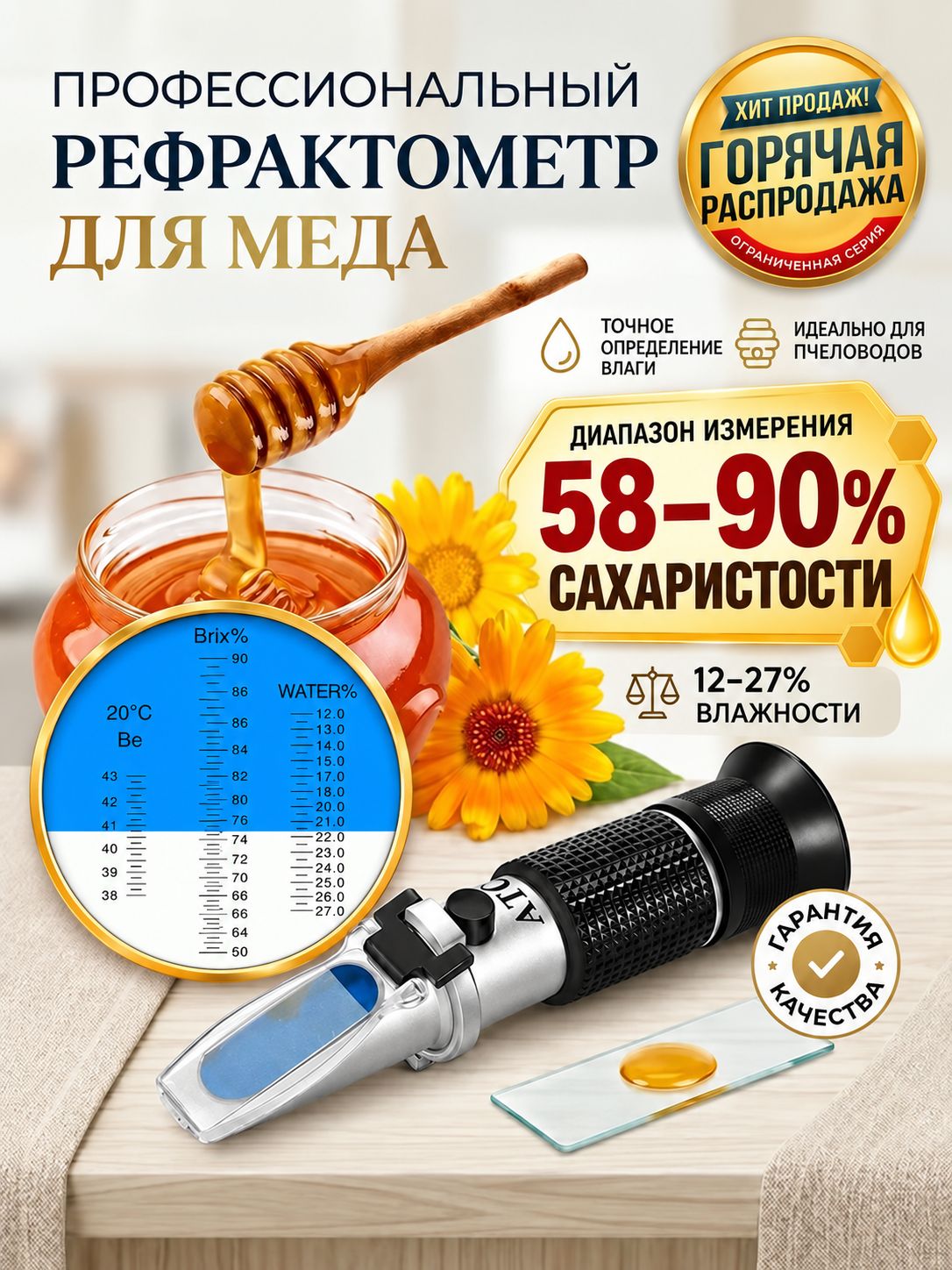 (Brix 58-90%), Рефрактометр для меда ручной 3-в-1, АТС, для проверки влажности и сахара профессиональный тестер для пчеловодства