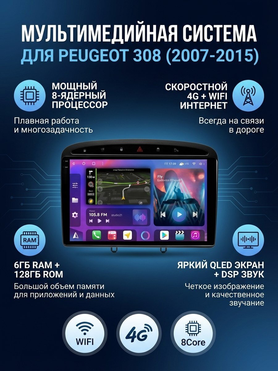 Штатная магнитола Пежо 308 (Peugeot 308) 2007-2015 и 2012-2020 на Android 14, CarPlay, WiFi + 4G