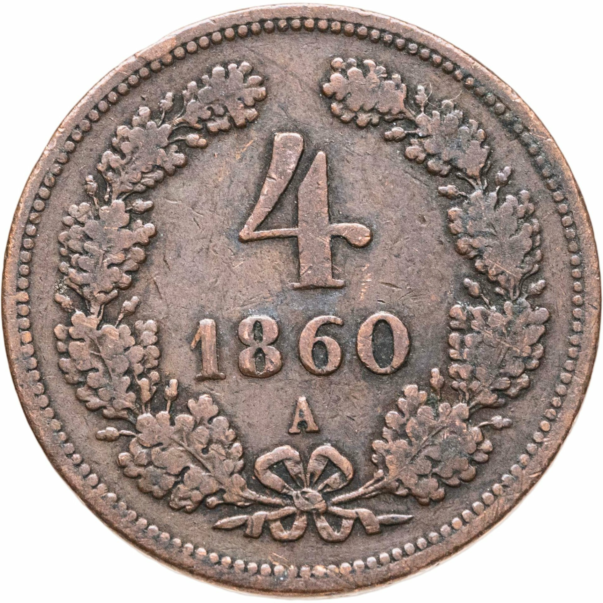 Австрия 4 крейцера 1860 А, Медь, в сохранности XF