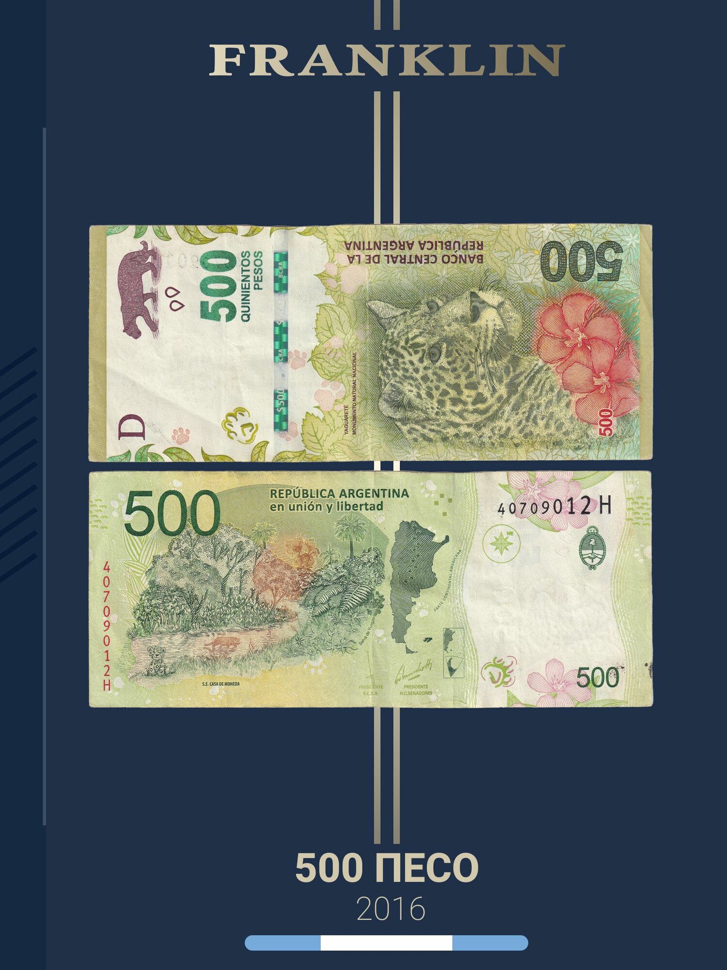 Банкнота Аргентина 500 песо 2016 год (VF) Pick 365