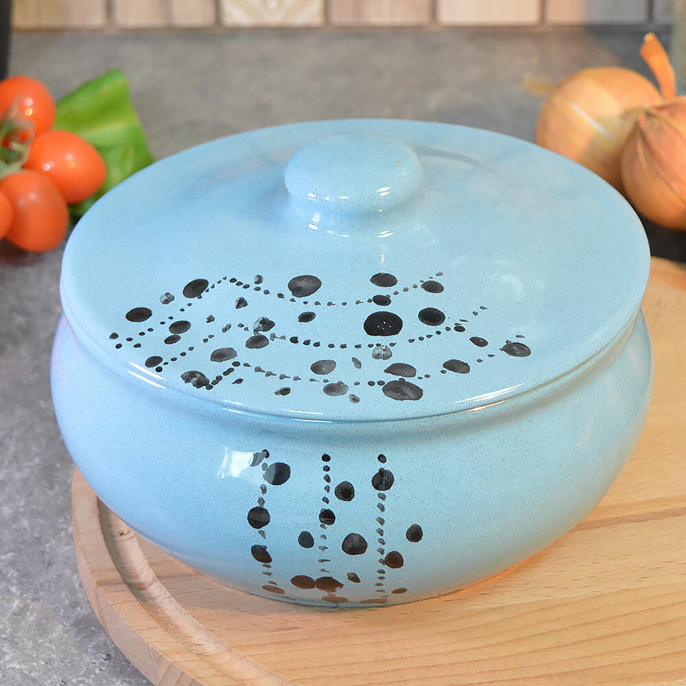 Пельменница "Блюз" круглая малая с крышкой, для лепки пельменей, светло-голубой с точечным принтом