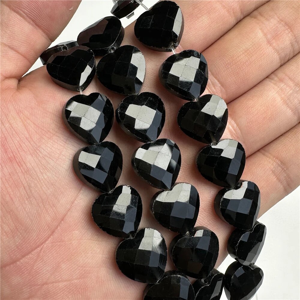 Бусины сердечки черные из агата 15 мм, 5 шт.