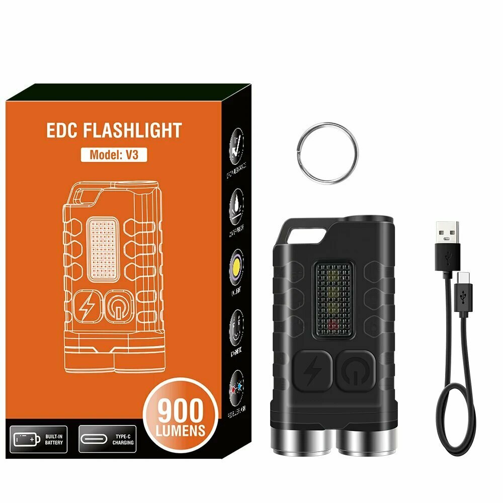 Фонарик BORUiT V3 EDC, 900 люмен, фонарик-брелок, портативный ручной фонарь, порт зарядки V3 Black