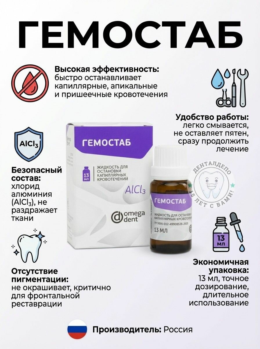 Жидкость "Гемостаб" для остановки кровотечения с хлоридом алюминия(AICI3) 13мл, омега