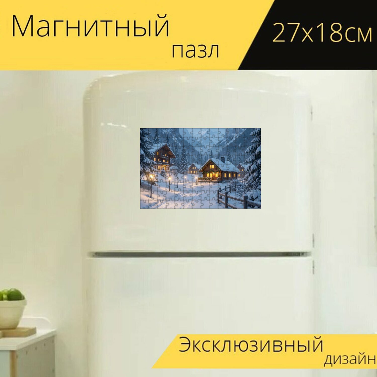Магнитный пазл "Зимняя деревня в горах. Уютный снежный поселок среди высоких скал и елей, с деревянными домиками, теплым светом окон и мягким снегопадом." на холодильник 27 x 18 см.