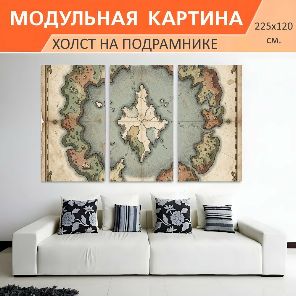 Модульная картина на холсте "Старинная карта морских островов. Антикварная навигационная композиция с множеством архипелагов." триптих на подрамнике 225х120 см. для интерьера