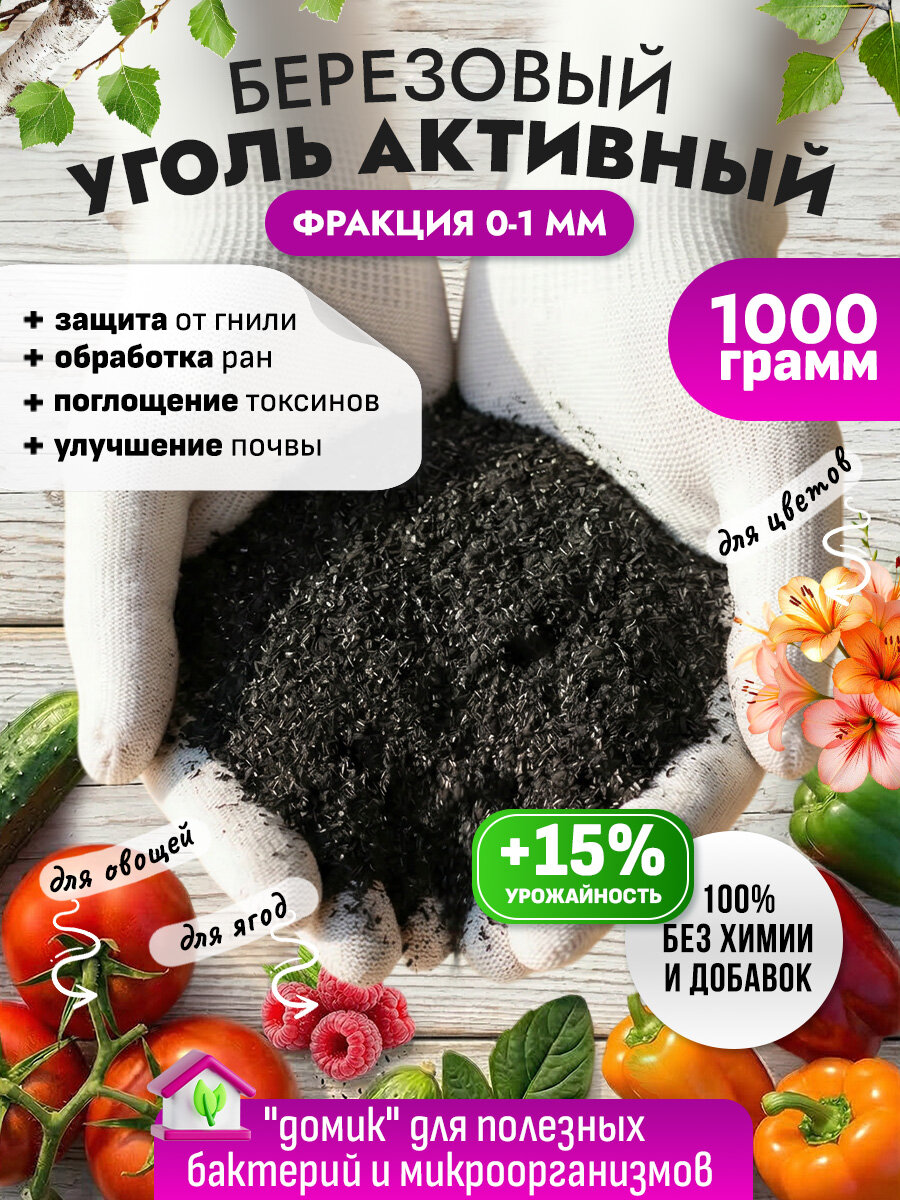 Активный биочар 1000 грамм для комнатных растений, почвоулучшатель для сада и огорода (5 литров)