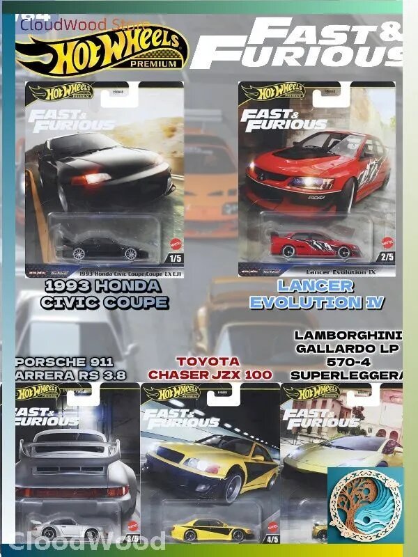 Набор Hot Wheels Premium Fast & Furious : 5 коллекционных авто Honda Civic Coupe, Lancer Evolution IV, Porsche 911 и другие (лимитированная серия)