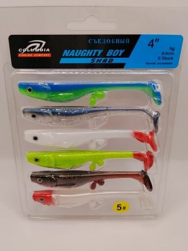 Силиконовая приманка NAUGHTY BOY SHAD 9.5см (4 дюйма), 5гр, набор 6 шт, съедобный силикон