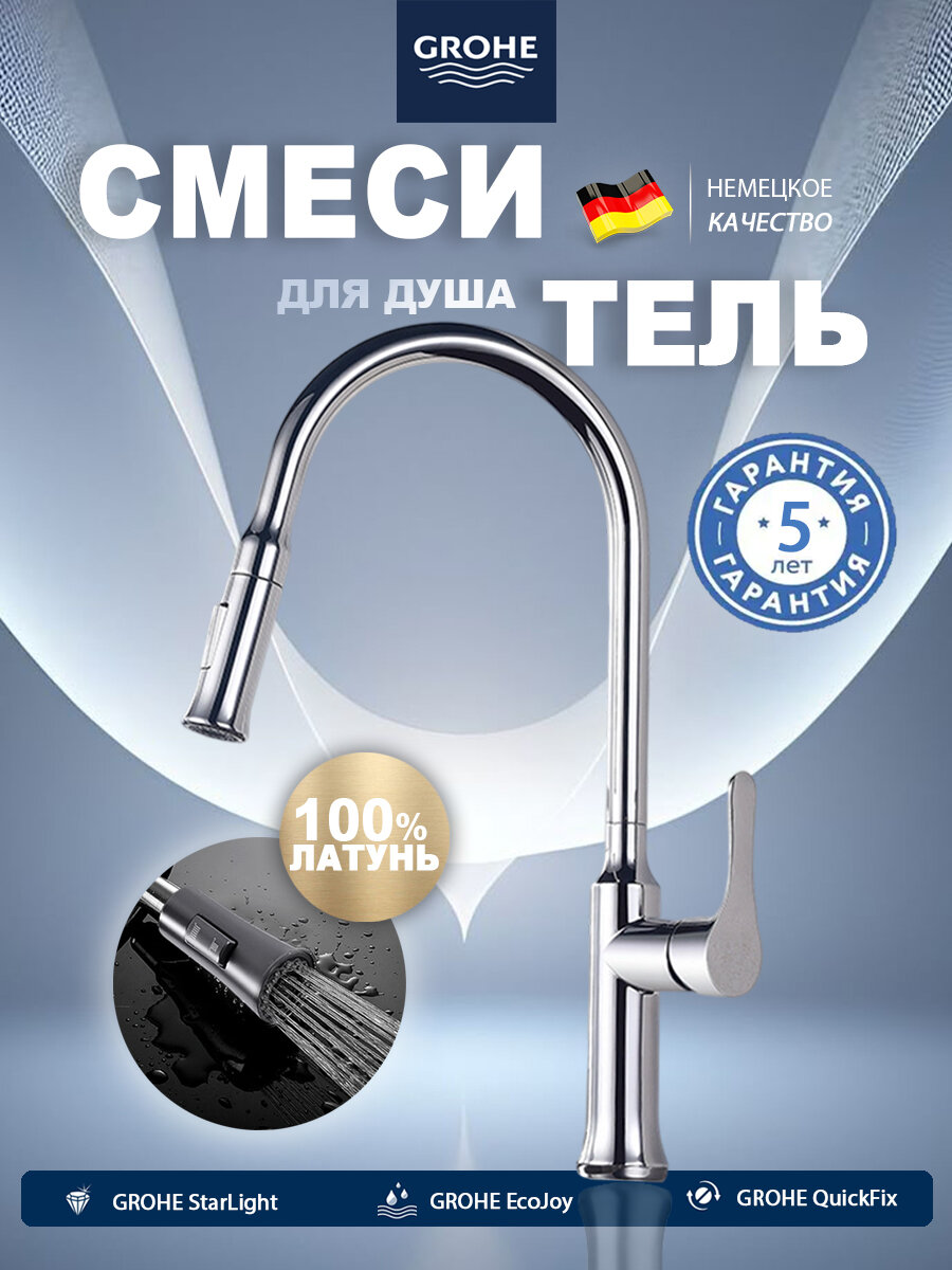 GROHE Смеситель для раковины кухни с выдвижным и гибким изливом