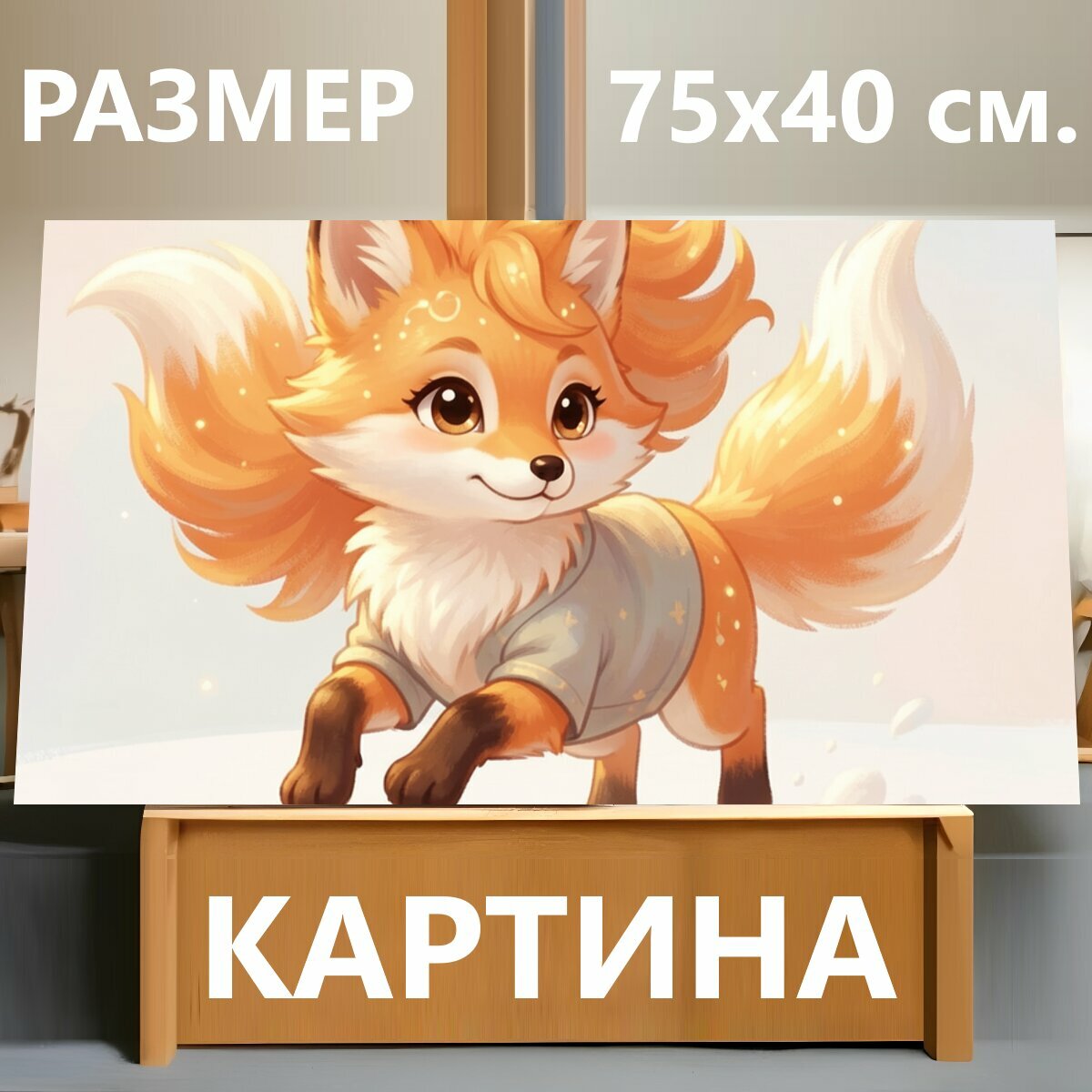 Картина на холсте "Лисёнок в прыжке. Милый мультяшный лисёнок с пушистым хвостом в полёте, в тёплых оранжево-золотых и белых тонах. Нежная." на подрамнике 75х40 см. для интерьера