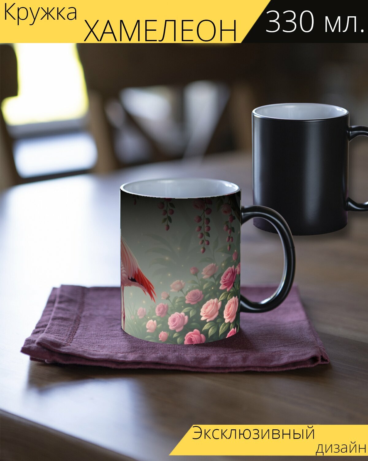 Кружка хамелеон с принтом "Фламинго среди розовых роз. Нежная сказочная композиция: розовый фламинго стоит в спокойной воде среди пышных розовых бутонов и свисающих ветвей." 330 мл.