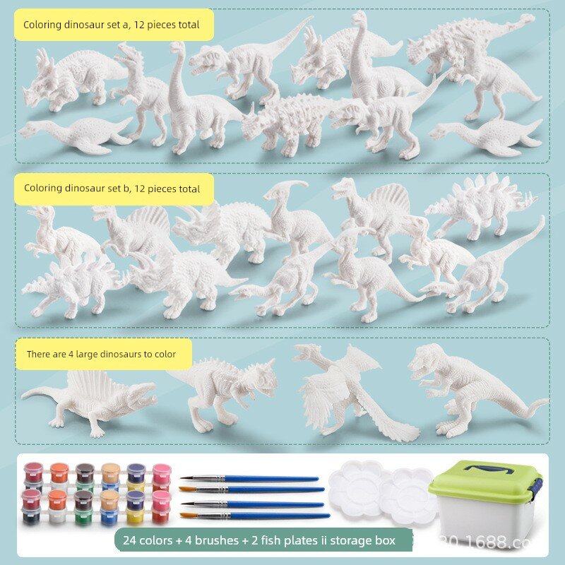 Случайные 2 динозавра + 2 кисти, 12 цветов, поднос для рисования для творческой игры детей
