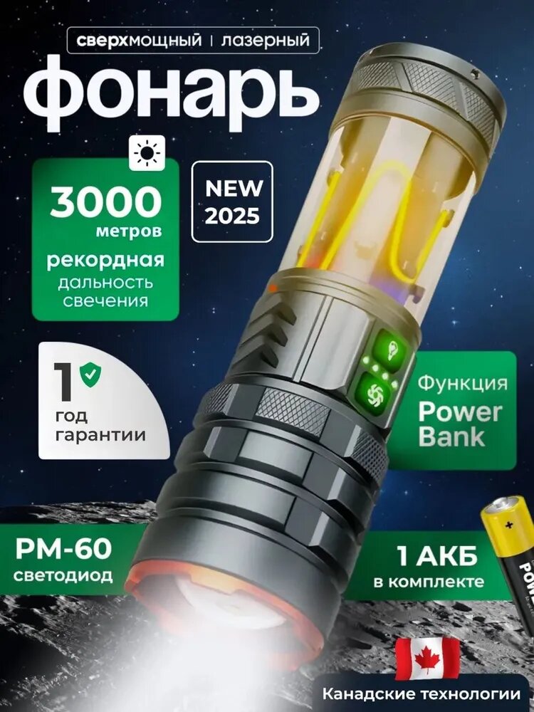 Фонарь ручной мощный с АКБ 26650, Type-C, 12000 люмен, 5 режимов, IP66, серый металлик — фото 1