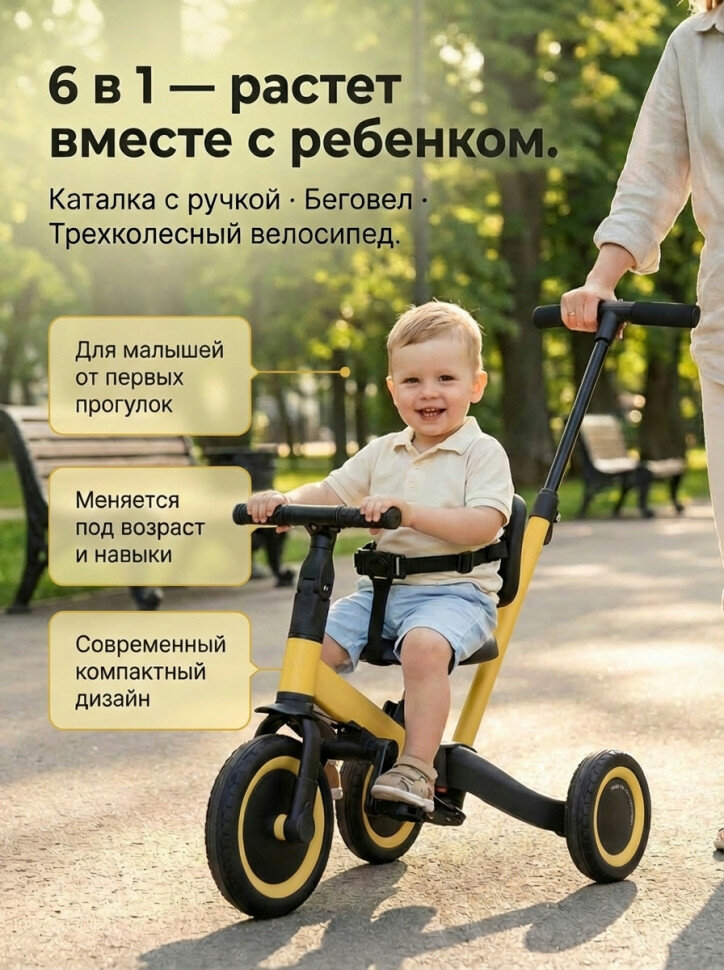 Детский беговел-велосипед 6в1 с родительской ручкой, желтый - TR008-YELLOW
