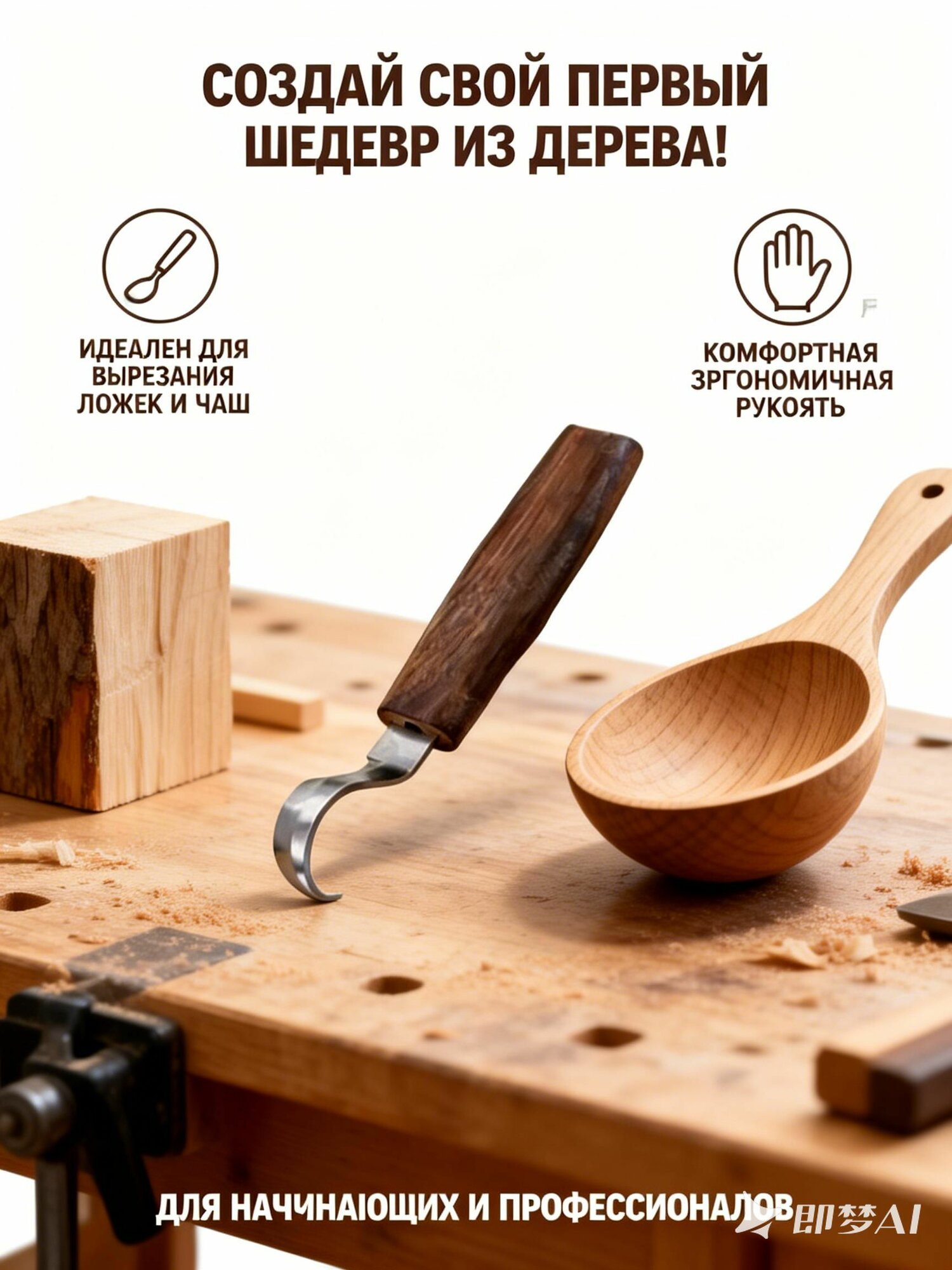 Нож-ложкорез GEALFIS для резьбы по дереву, крючкообразный, для вырезания ложек и кукс, стамеска