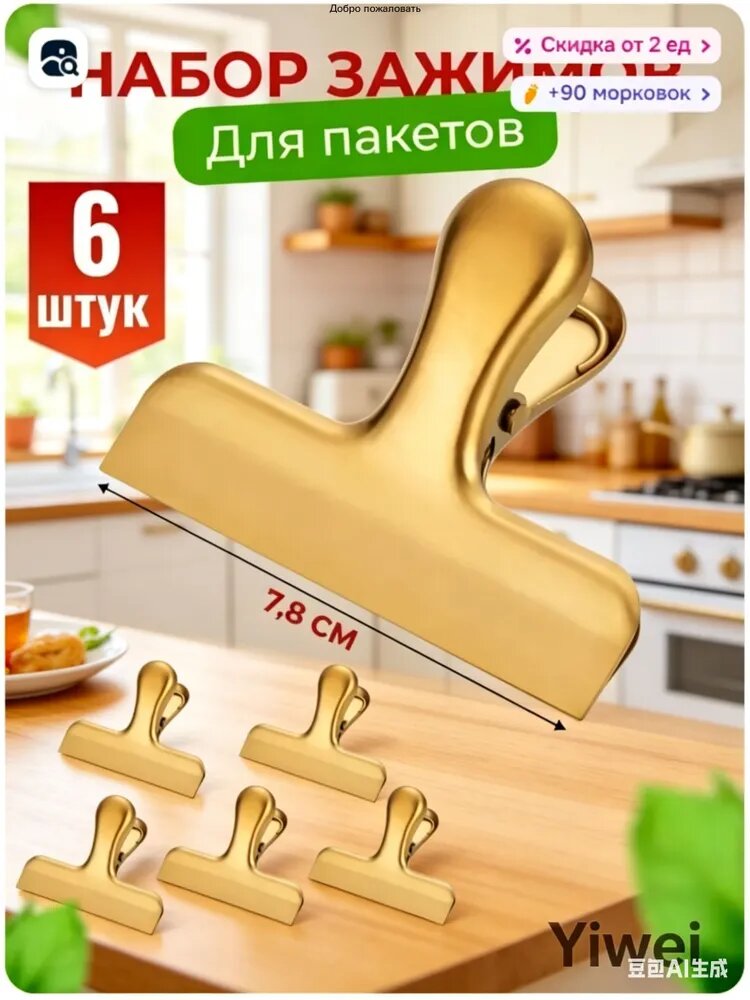 Зажим кухонный для пакетов, 6 шт, золотистый, пластик, 7.8 см, многоразовый, для хранения продуктов