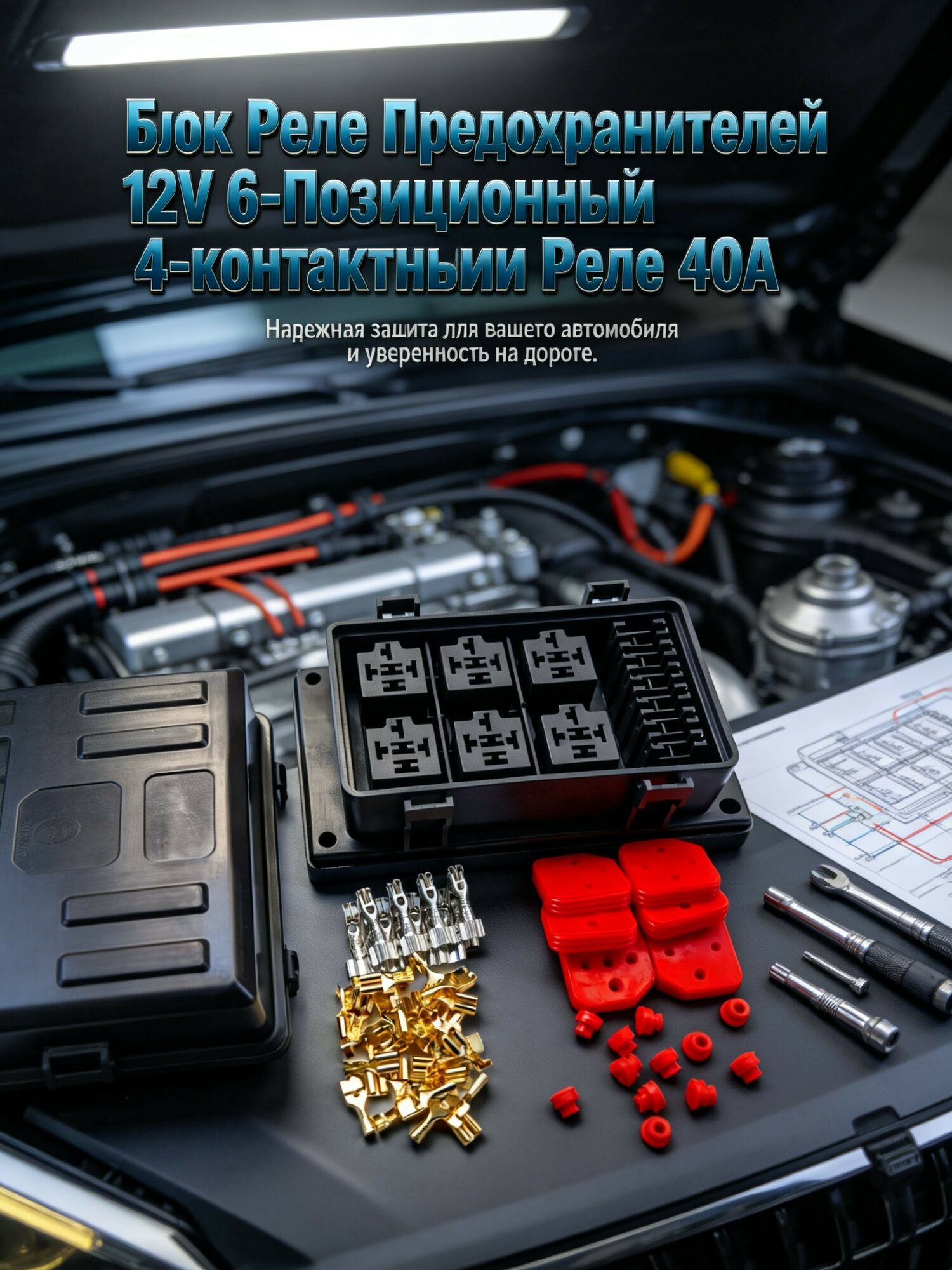 12V 6-позиционный блок предохранителей, с 4-контактными 40A реле и комплектом предохранителей для легковых автомобилей