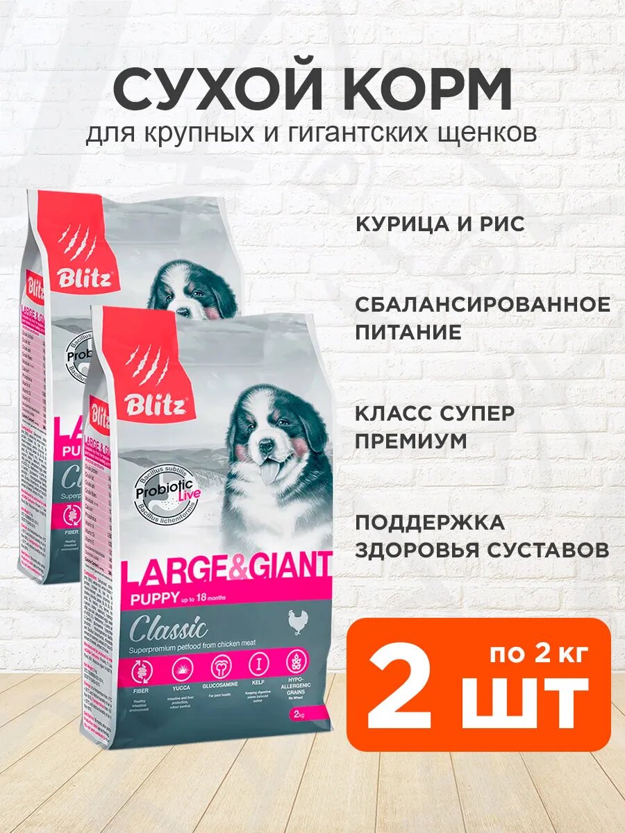 Сухой корм Blitz Classic Puppy Large & Giant Breeds Chicken & Rice для щенков крупных и гигантских пород курица и рис, 2 кг х 2 шт