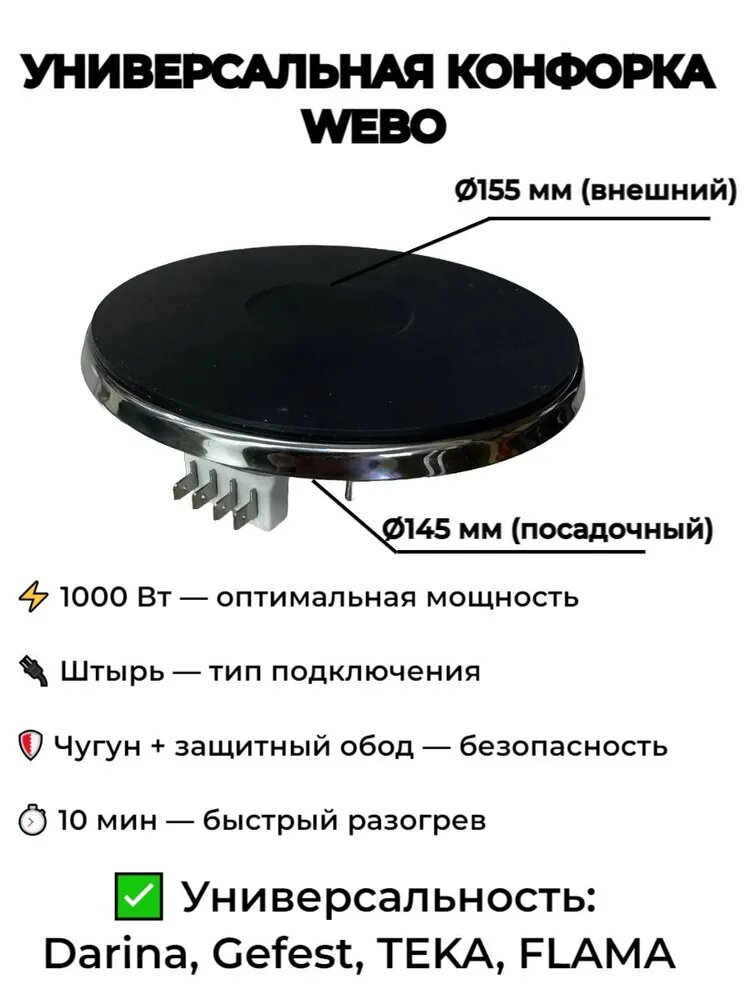 Конфорка чугунная 1500Вт 180мм экспресс-нагрев для плит Дарина, Гефест, Тека, Флама, подключение штырь