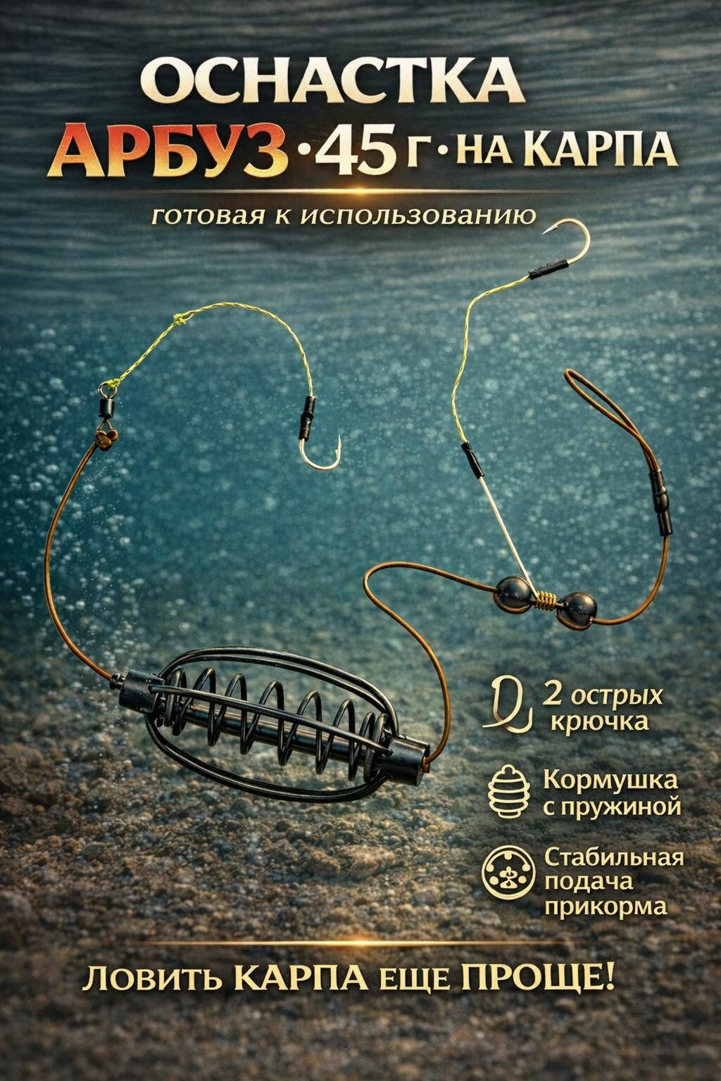 Фидерная оснастка на карпа с кормушкой пружина и двумя крючками "Арбуз" 45 грамм, готовый монтаж для донной рыбалки