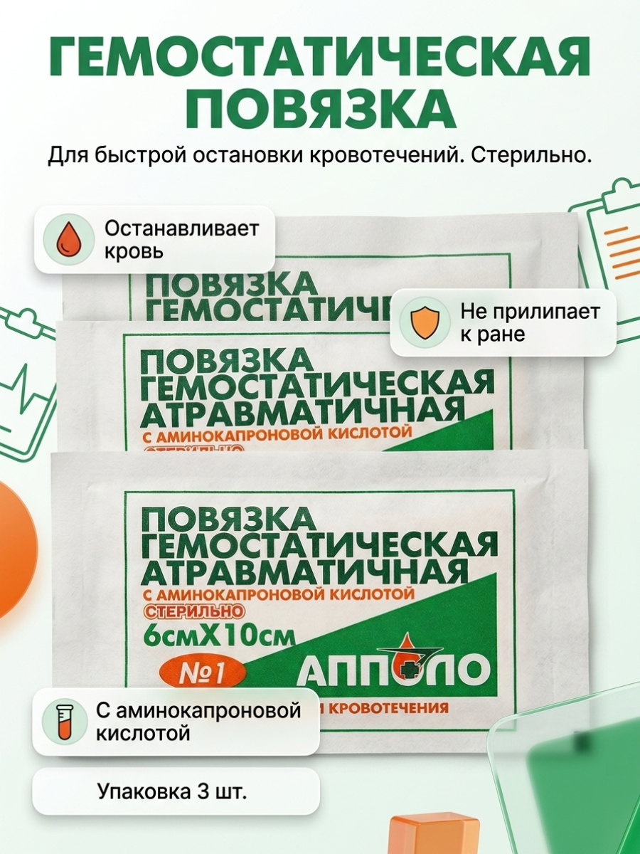 Повязка гемостатическая атравматическая с аминокапроновой кислотой "апполо", 5 шт