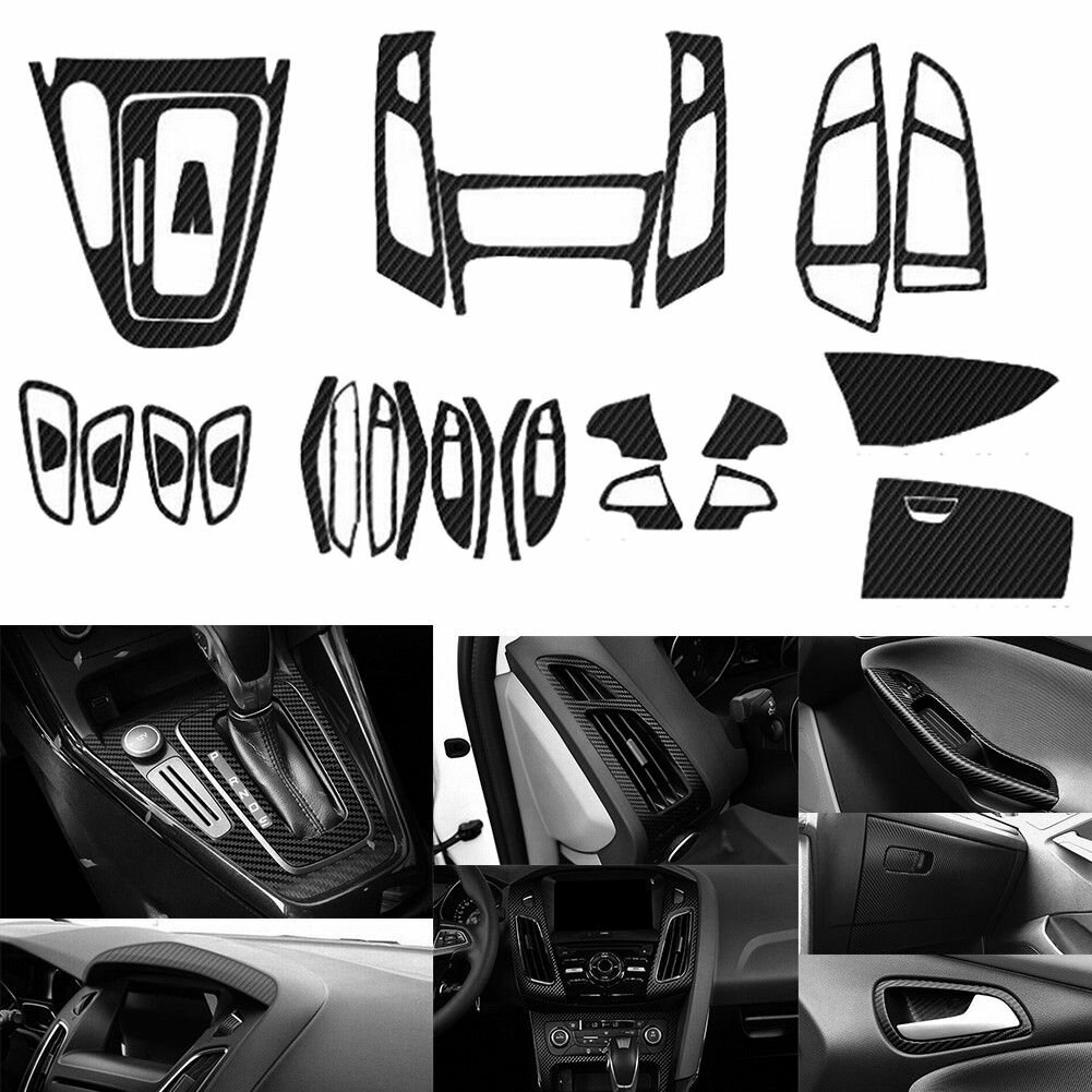Накладки на воздуховоды Ford Focus 2015-2018, набор 29 шт, винил 3D карбон черные, для автомобилей с левым рулём