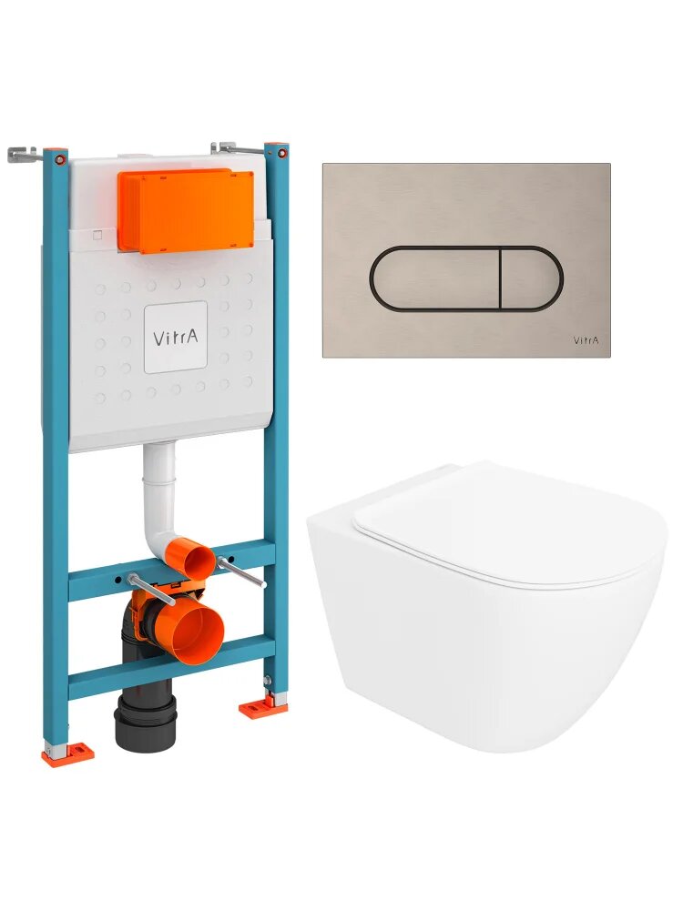 Комплект 4 в 1: Инсталляция VitrA Ви-Фикс Кор (V-Fix Core) 732-5800-01 / Унитаз подвесной STWORKI Готланд S13401WH безободковый, с микролифтом / Кнопка Рут Раунд (Root Round) 740-2295, никель, Комплект креплений