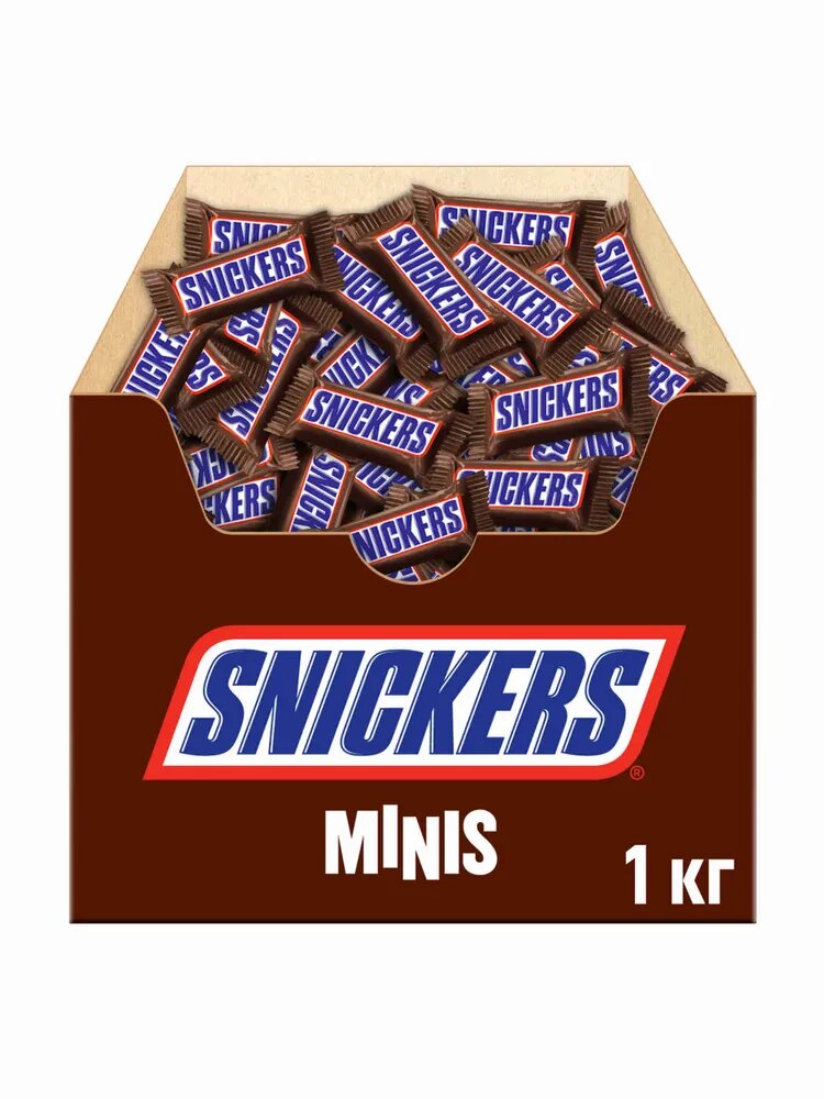 Шоколадные батончики с орехами Snickers minis, арахис, нуга и карамель в молочном шоколаде, конфеты 1 кг
