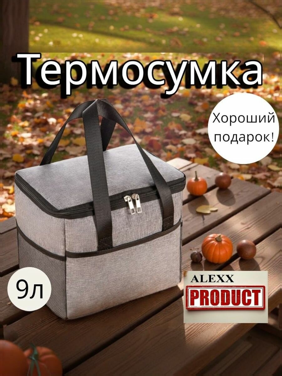 Термосумка,9 литров. Сумка-холодильник. серая 24см 21см 18см. Температуру держит до 10 часов .