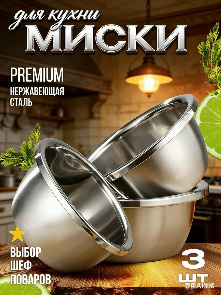 Миска без принта 2500 мл, 3200 мл, 4100 мл серебристый, 3 шт
