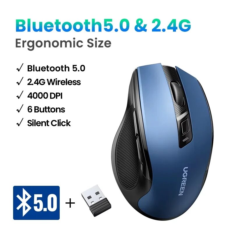 UGREEN Мышь Bluetooth 5.0 2.4G, 4000 DPI, Синий