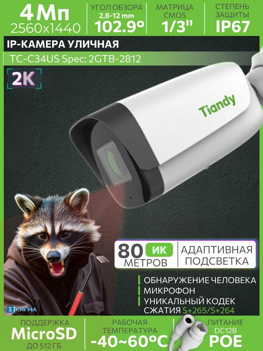 IP-камера Tiandy TC-C34US 2GTB-2812 4Мп 2.8-12мм ИК до 80м CMOS PoE MicroSD до 512Гб уличная цилиндрическая микрофон