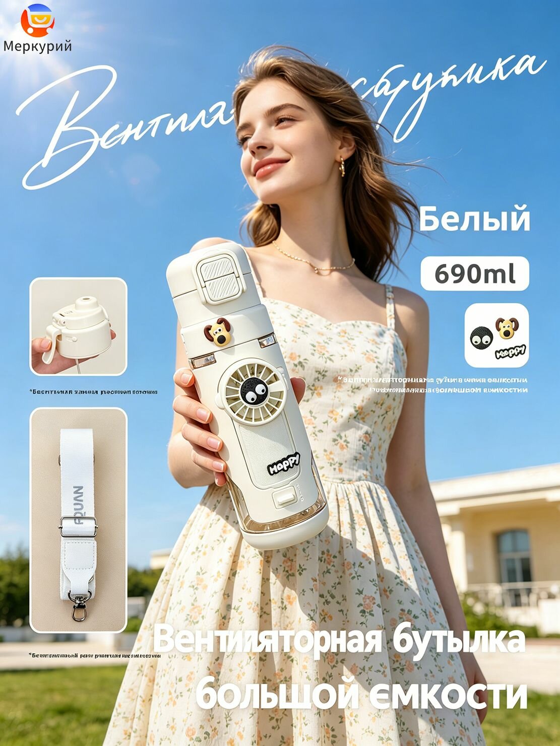 Охлаждающая бутылка с вентилятором портативная 2 в 1 для воды