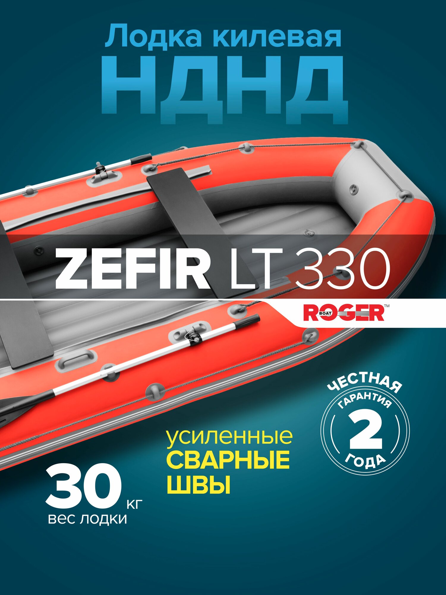 Лодка ПВХ под мотор ROGER Zefir 330 LT, лодка надувная для рыбалки роджер НДНД малый киль (красный-серый)