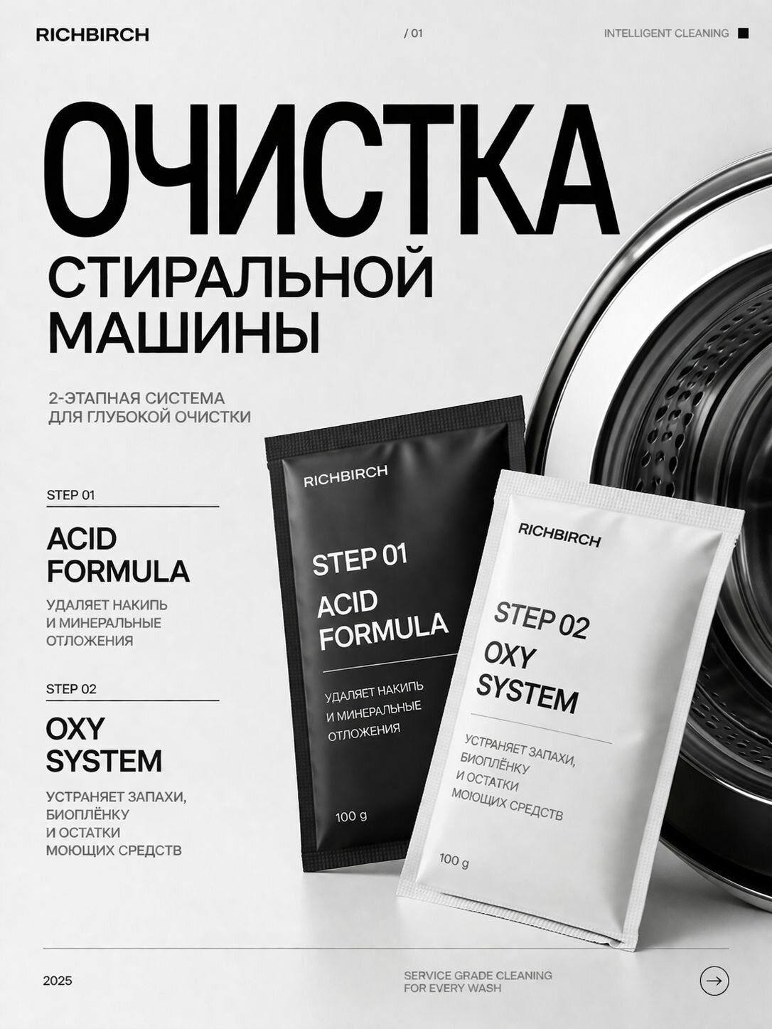 Очиститель для стиральных машин RICHBIRCH, 2-этапная система, средство от накипи, запаха и плесени, активный кислород + активная кислота средство от накипи очиститель для стиральных машин удаление зап