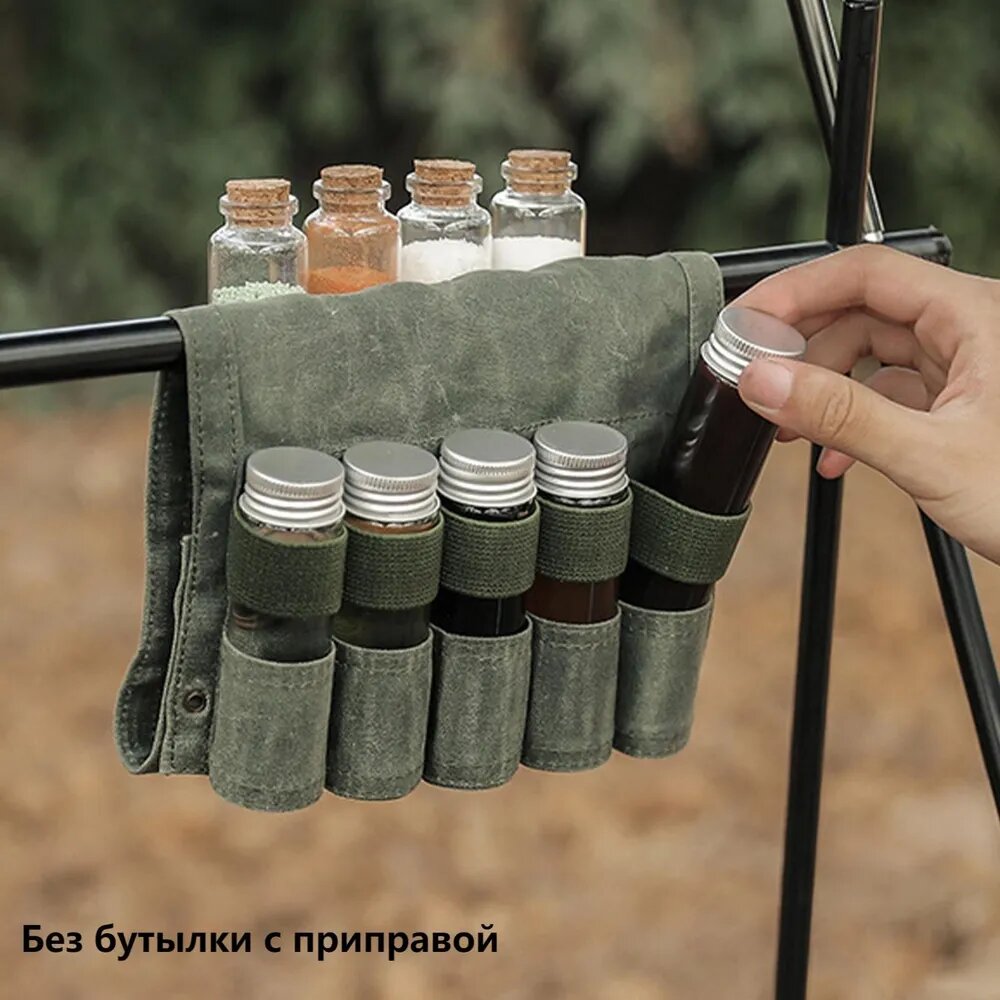 Сумка для специй на открытом воздухе, складная, 9 карманов, портативная, из холста, держатель для банок с приправами для кемпинга, барбекю, пикника в зеленом цвете.