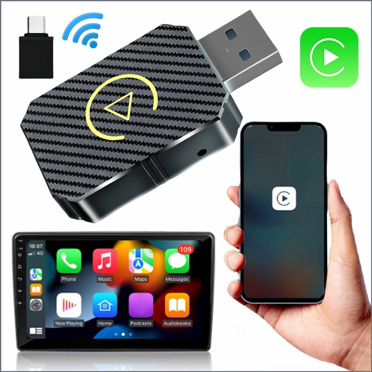 Беспроводной адаптер для CarPlay и Android Auto, поддержка Bluetooth 5.0, подключение через USB и Type-C