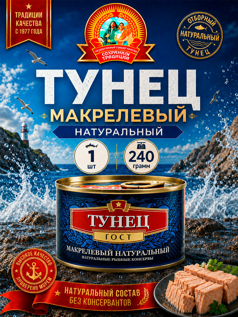 Тунец макрелевый натуральный ГОСТ Сохраним традиции, 1 шт по 240 г