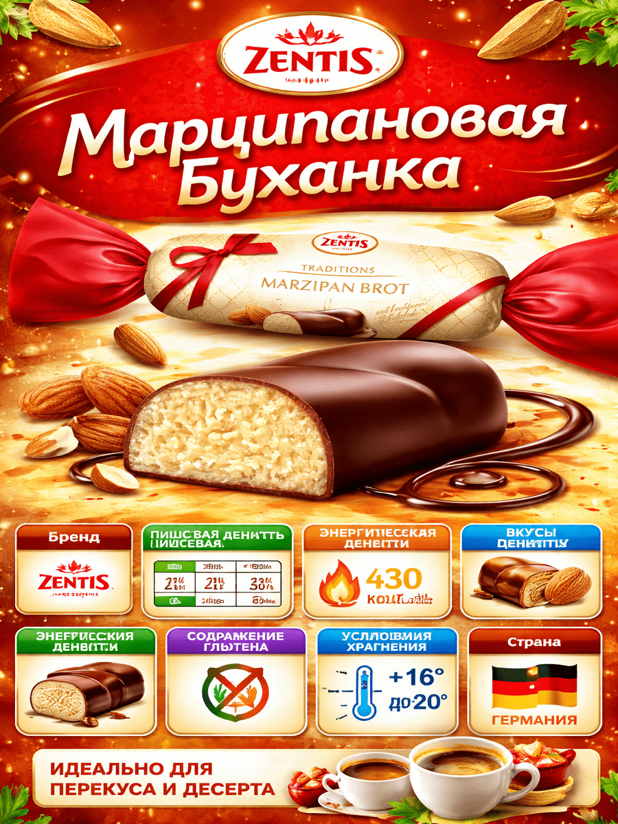 Конфета шоколадная Zentis Марципановая буханка, 100г