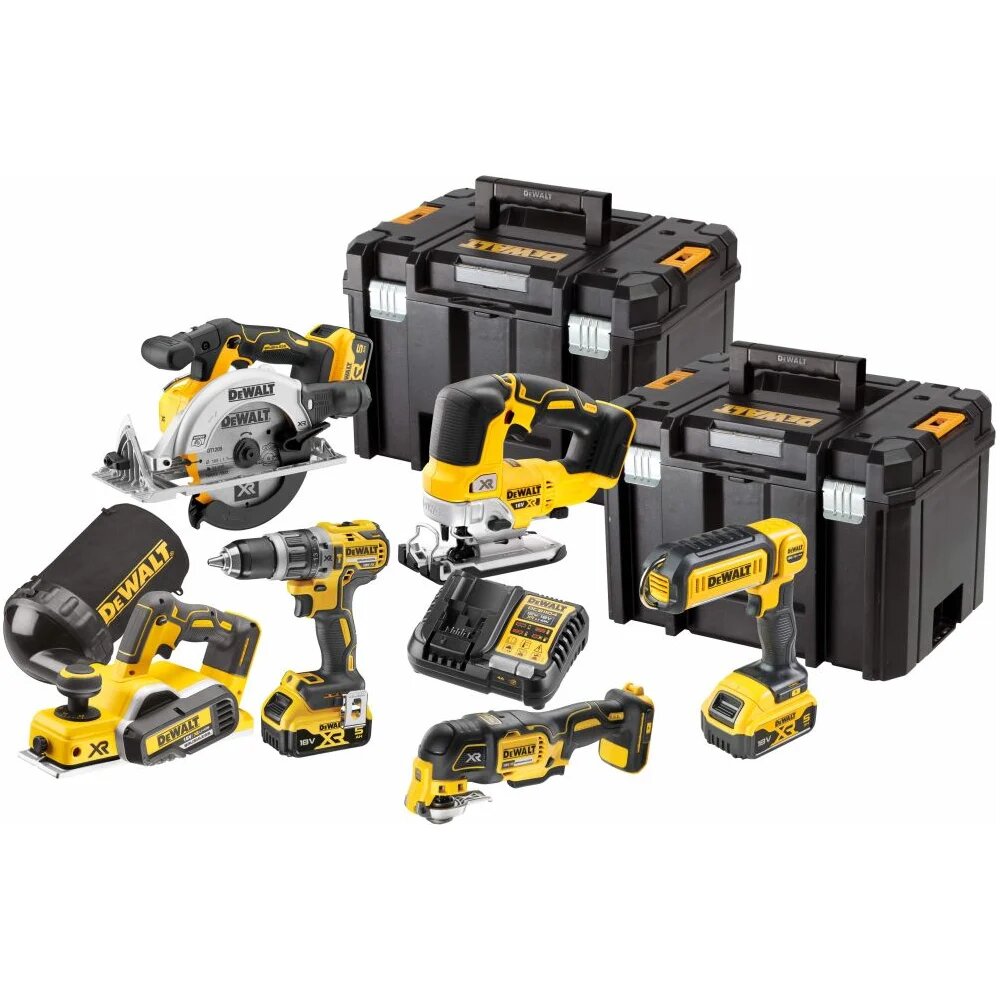 Аккумуляторный набор DEWALT DCK667P3T: дрель + пила + лобзик + рубанок + реноватор + фонарь, с 3 АКБ 5 Ач и ЗУ, в 2 кейсах TSTAK DCK667P3T-QW