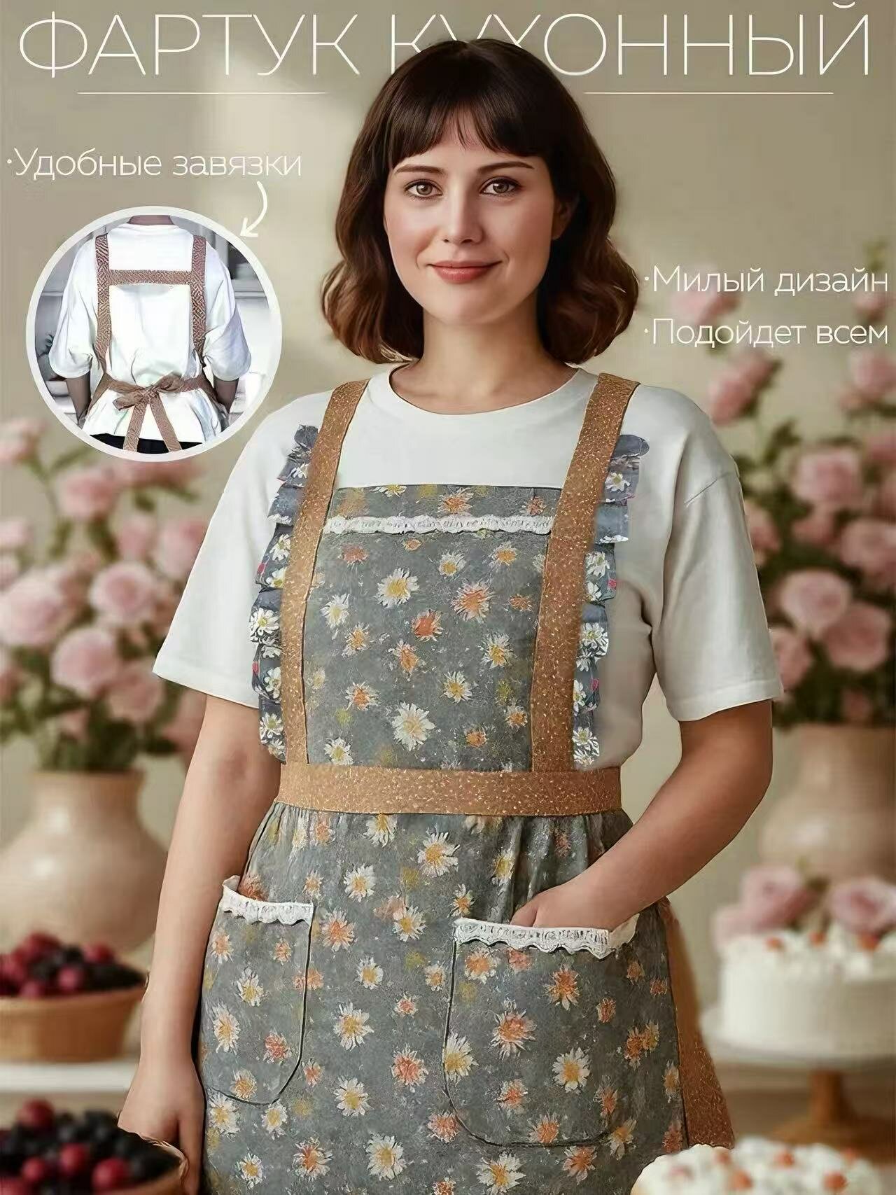 Фартук кухонный, полиэстер, унисекс, базовая коллекция, цветочный принт