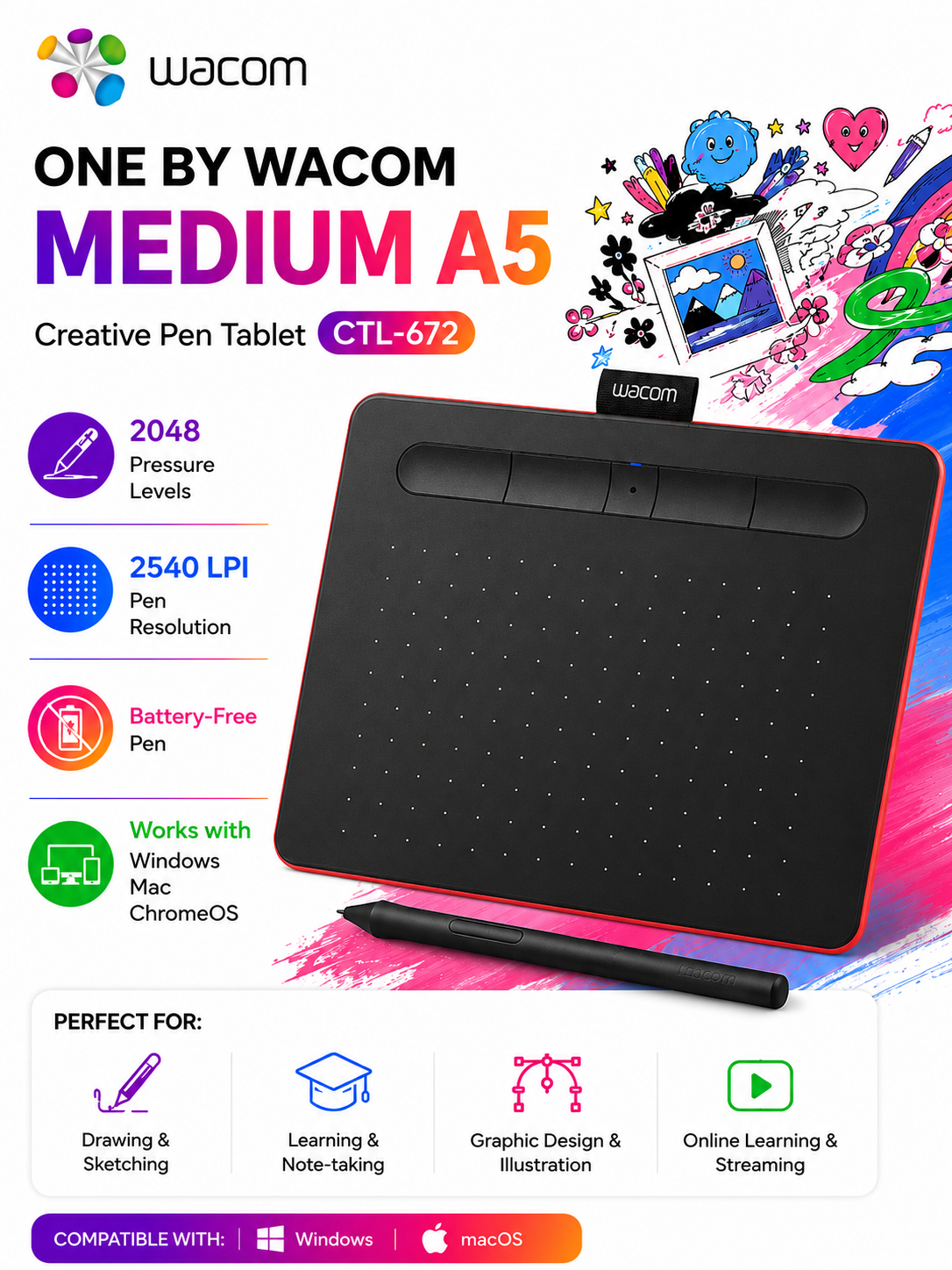 Графический планшет для рисования Wacom CTL-672 One Medium, A5, 2048 уровней, перо без батареи, для начинающих