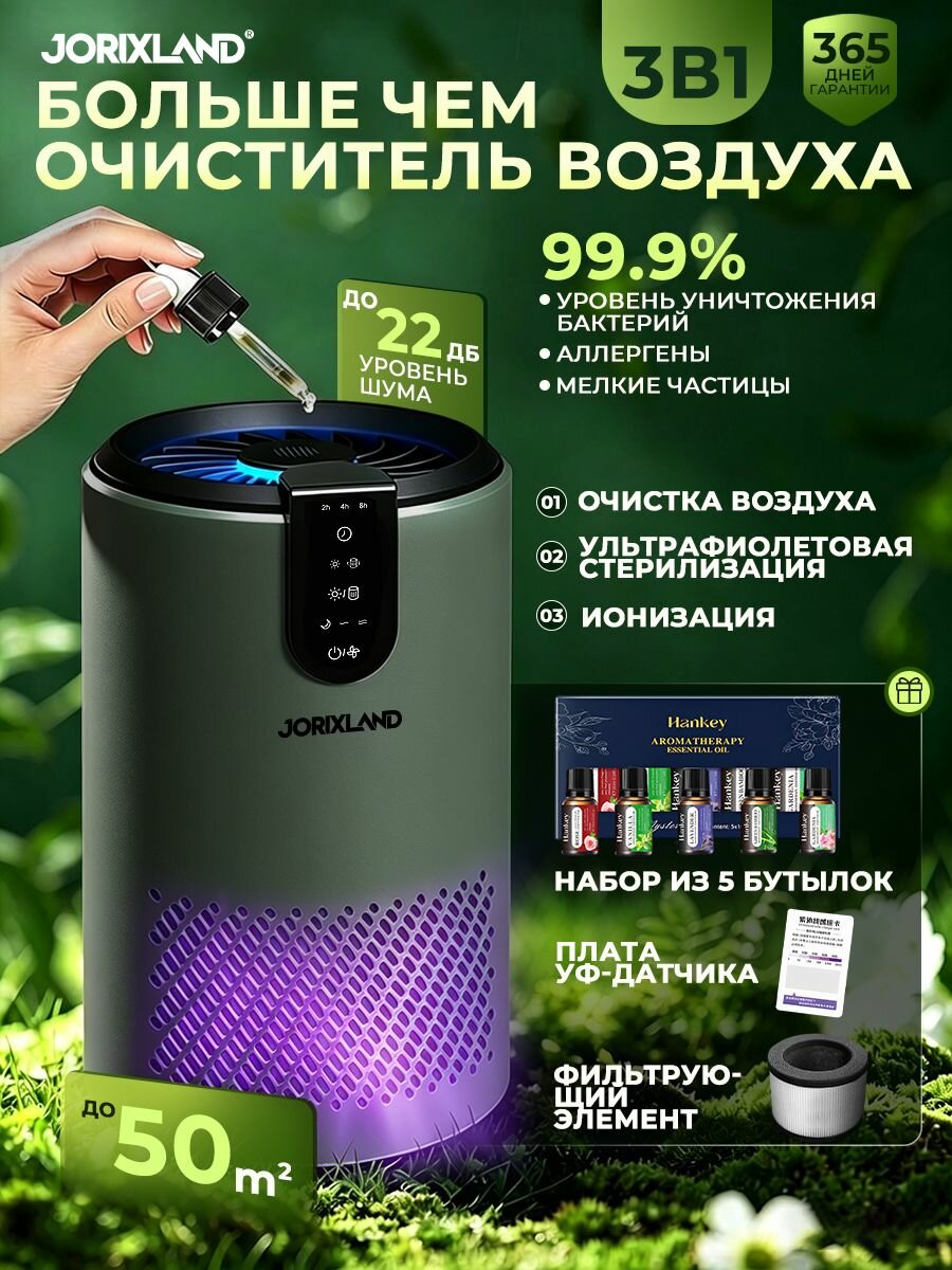 Очиститель воздуха для дома до 50 м от пыли, шерсти, аллергенов и запахов с фильтром HEPA H13, UV дезинфекция и ионизация