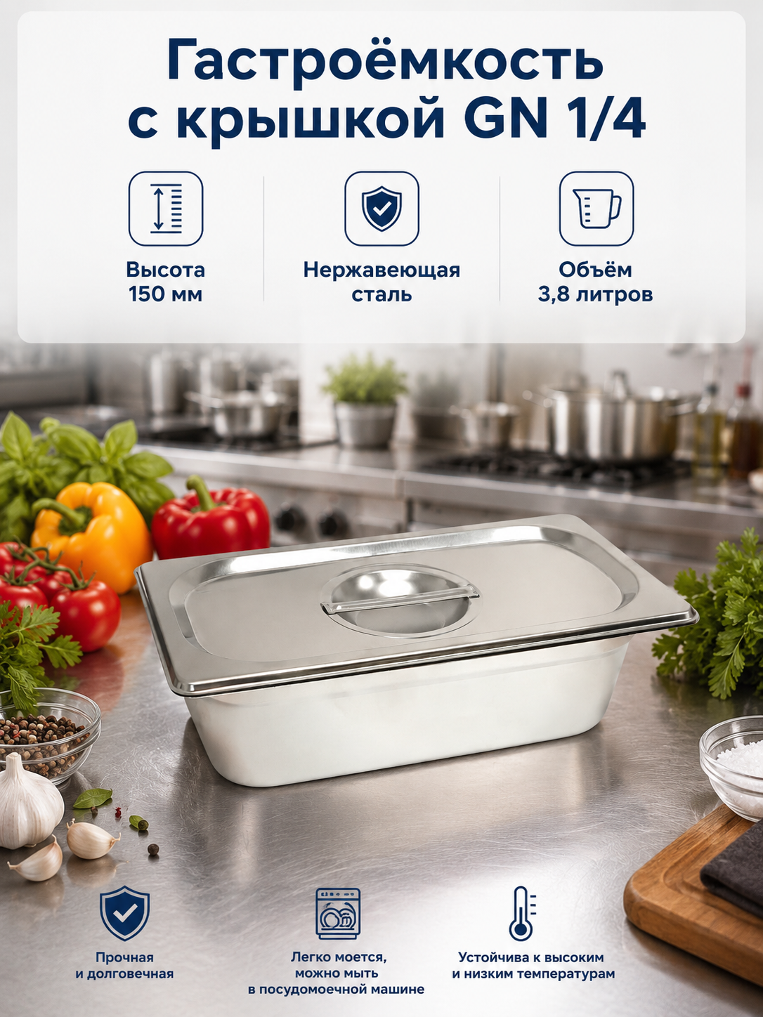 Гастроемкость Blintz GN 1/4, нержавеющая сталь, 26,5 см x 16,2 см x 15 см, с крышкой
