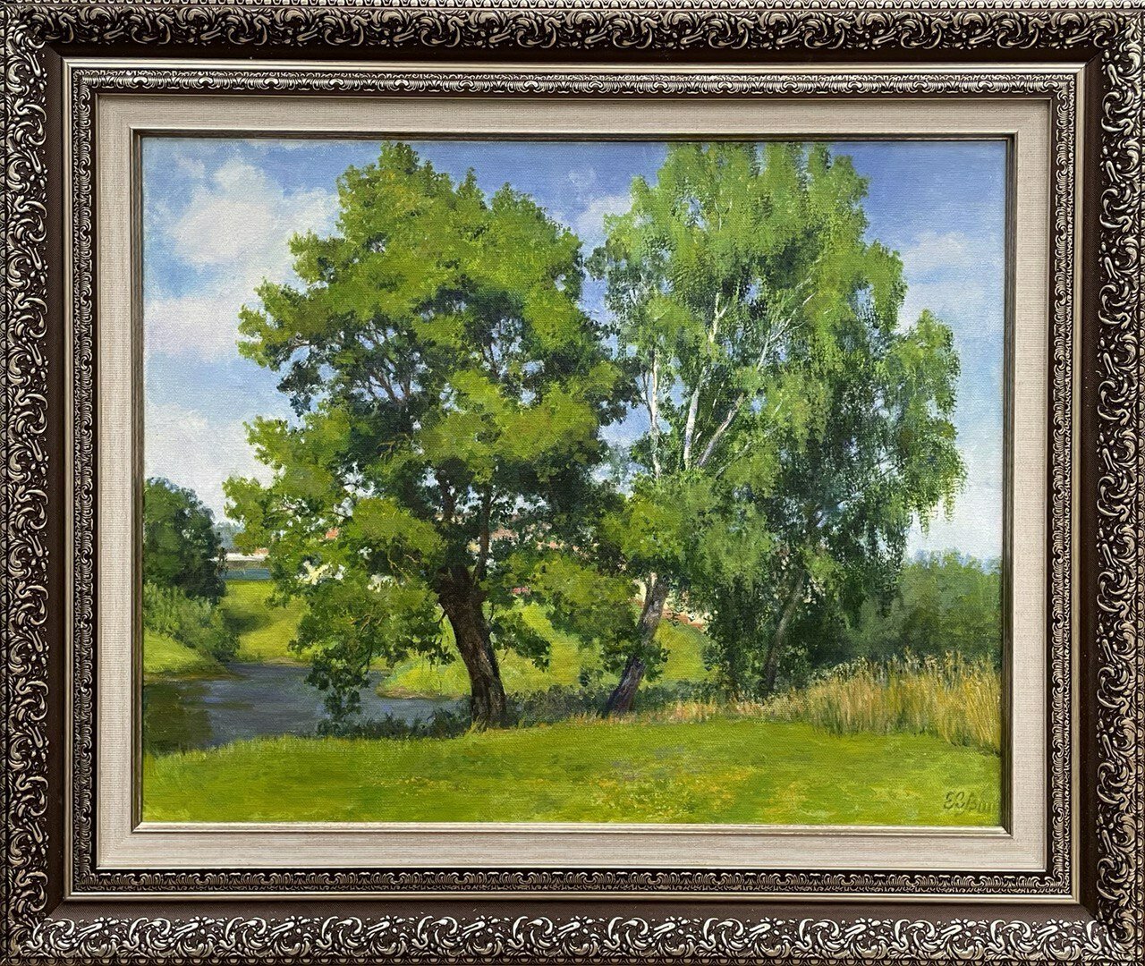 Картина маслом, летний пейзаж "Дуб и береза". Холст/Масло. Размер 40х50. Автор Шумакова Е. В.